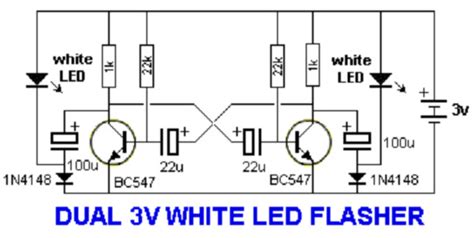 DUAL 3v WHITE LED FLASHER DUAL 1v5 WHITE LED FLASHER Electronic Circuits Diagram