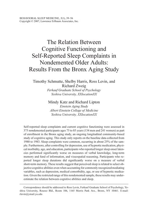 Pdf The Relation Between Cognitive Functioning And Self Reported Sleep Complaints In