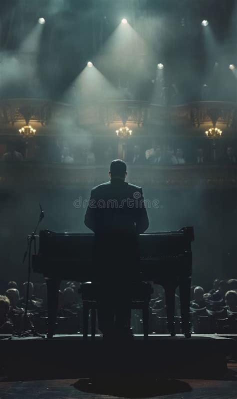 Professinal Pianist Playing On Piano At Dark Stage Man Play At