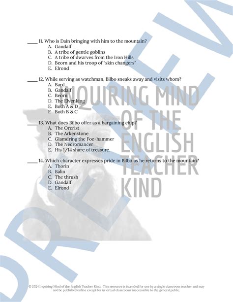 The Hobbit Chapters 13 14 15 And 16 Quiz And Answer Key Teaching