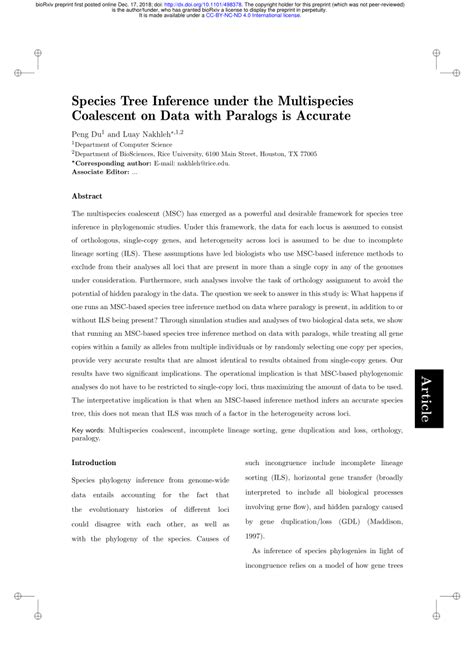 Pdf Species Tree Inference Under The Multispecies Coalescent On Data With Paralogs Is Accurate