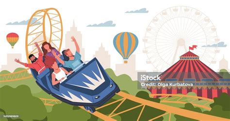 사람들은 롤러코스터를 탄다 레일 극단적 인 회전 목마 긍정적 인 감정 러시아 산을 따라 경주하는 트레일러의 놀이 공원 방문객 만화 플랫 그림입니다 요즘 벡터 개념 롤러