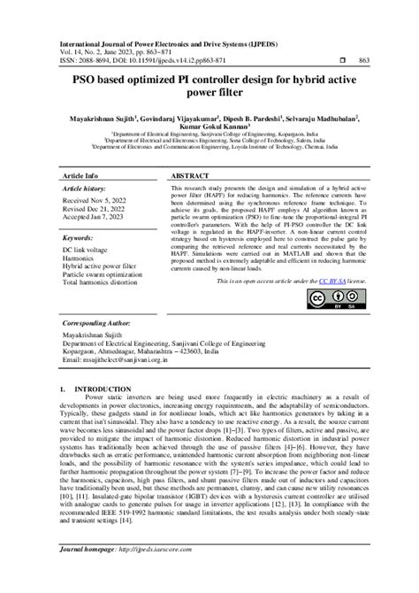 Pdf Pso Based Optimized Pi Controller Design For Hybrid Active Power