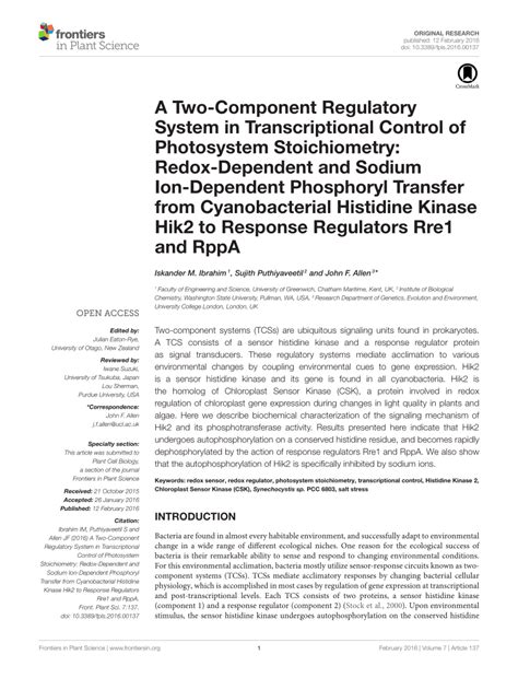 Pdf A Two Component Regulatory System In Transcriptional Control Of