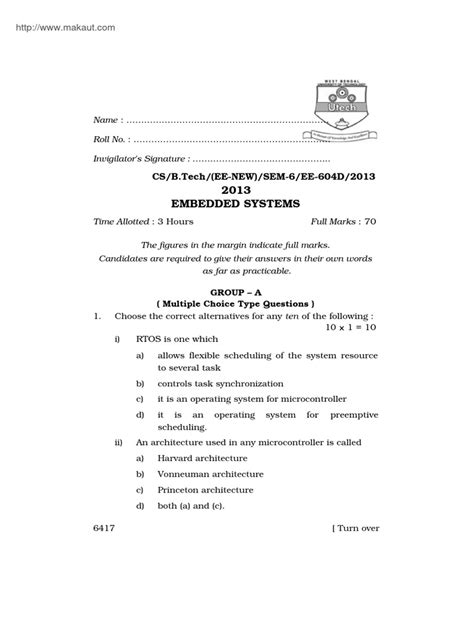 Btech Ee 6 Sem Embedded Systems 2013 Pdf Embedded System Scheduling Computing