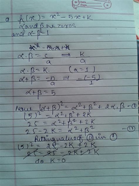 if alpha and beta are the zeros of the polynomial x square 5 x k