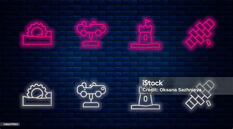 세트 라인 스윙 카 샌드 타워 관람차 및 홉 스카치 벽돌 벽에 빛나는 네온 아이콘 벡터 거리에 대한 스톡 벡터 아트 및 기타