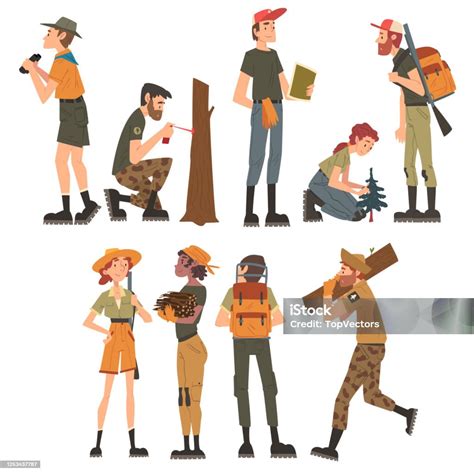 숲 세트에서 일하는 남성과 여성 산림 레인저스 유니폼 만화 스타일 벡터 일러스트레이션의 국립 공원 서비스 직원 캐릭터 캠핑에 대한 스톡 벡터 아트 및 기타 이미지 Istock