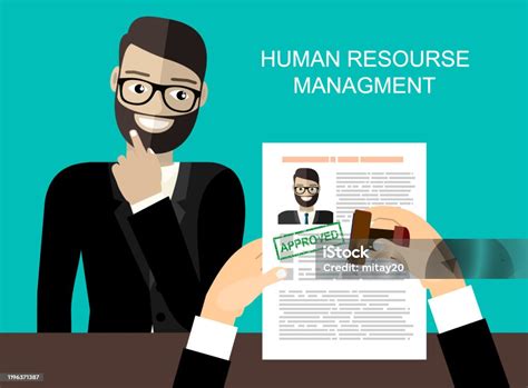 승인행복한 남자가 일자리를 얻었다와 이력서와 스탬프를 들고 손을 잡고 인적 자원 관리 개념 전문 직원 검색 이력서 논문 분석 작업 플랫 디자인의 일러스트레이션 경영자에 대한