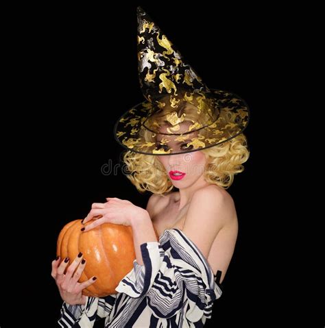 Sensual Girl In Witch Hat With Pumpkin Halloween Party Autumn Mood