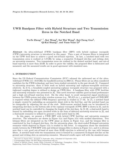 Pdf Uwb Bandpass Filter With Hybrid Structure And Two Transmission