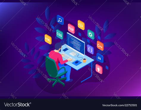 Isometric Developing Programming And Coding Vector Image