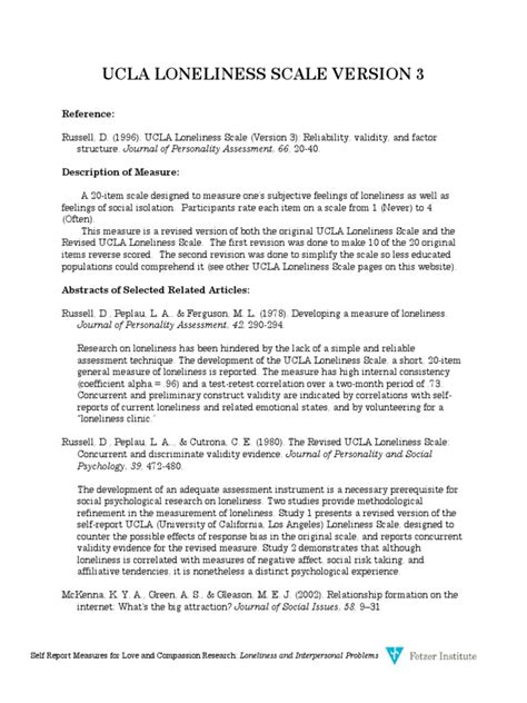 Ucla Loneliness Scale Version 3 Reference Pdf Loneliness