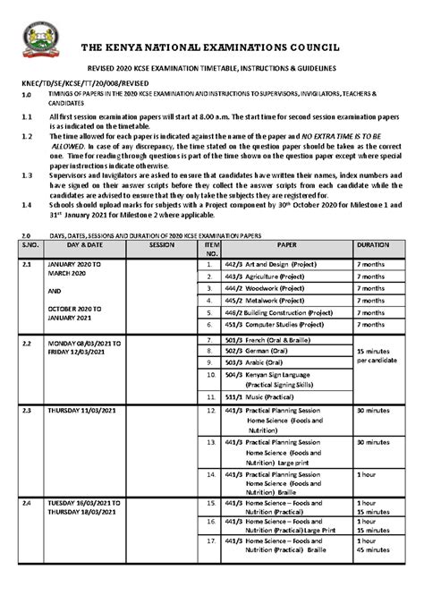 Revised 2020 Kcse Timetable 14 Nov The Kenya National Examinations