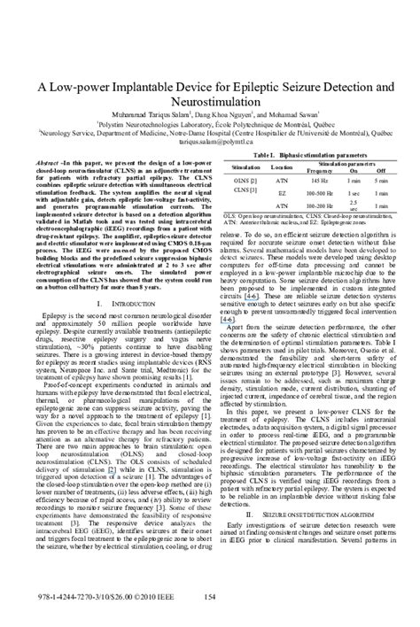 Pdf Low Power Implantable Device For Onset Detection And Subsequent Treatment Of Epileptic