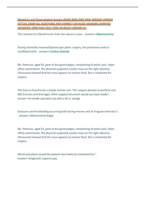 Obstetrics And Gynecological Surgery EXAM NEW VERSION UPDATE ACTUAL EXAM ALL QUESTIONS AND