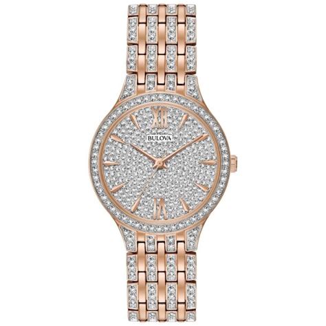 Ladies Bulova Crystal Rose Gold Tone Stainless Steel Watch 32mm