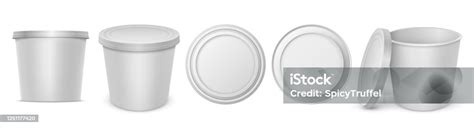 요구르트 용기 현실적인 원형 흰색 빈 마가린 스프레드 용융 치즈 또는 버터 패키지 모형 벡터 상단 전면 하단 세트 욕조에 대한 스톡 벡터 아트 및 기타 이미지 Istock