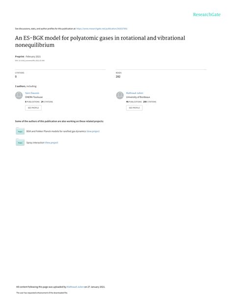 Pdf An Es Bgk Model For Polyatomic Gases In Rotational And