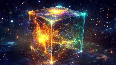 a futuristic cyberspace features a glowing cube of digital data with
