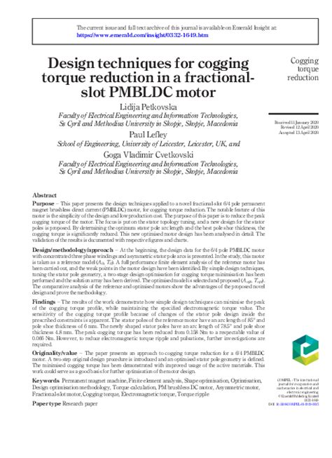 Pdf Design Techniques For Cogging Torque Reduction In A Fractional Slot Pmbldc Motor Goga