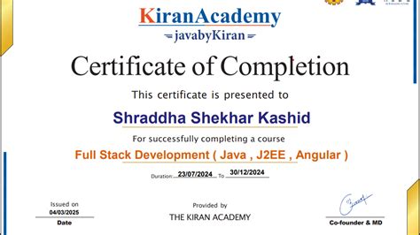 Completed Full Stack Development Java J2ee Angular Certification