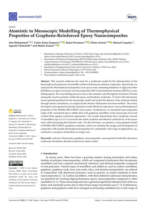Pdf Atomistic To Mesoscopic Modelling Of Thermophysical Properties Of Graphene Reinforced