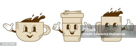 흰색 배경에 귀여운 음료 캐릭터 삽화 유리와 컵에 담긴 레트로 그루비 커피 카페 바 레스토랑을 위한 펑키한 마스코트 만화 벡터 아트 커피 마실 것에 대한 스톡 벡터 아트 및