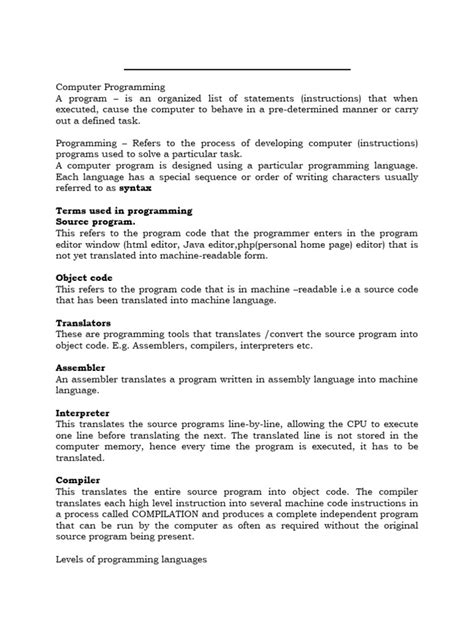 Programming Languages Notes Ict And Computer Pdf Software