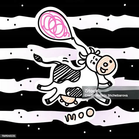 벡터 일러스트 라인 스케치 실행 또는 공기 풍선 비행 암소 손으로 그린 종이 아트 스타일 줄무늬 배경 Moo 문자 패키지 포스터