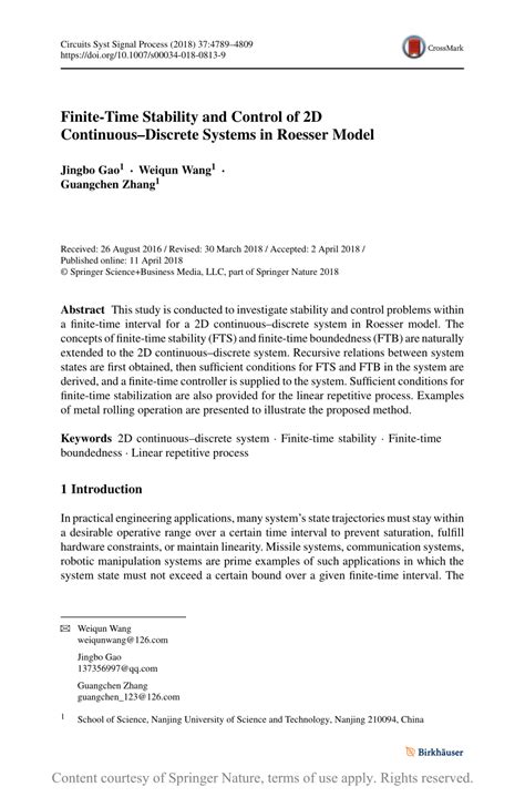 Finite Time Stability And Control Of D ContinuousDiscrete Systems In Roesser Model Request PDF
