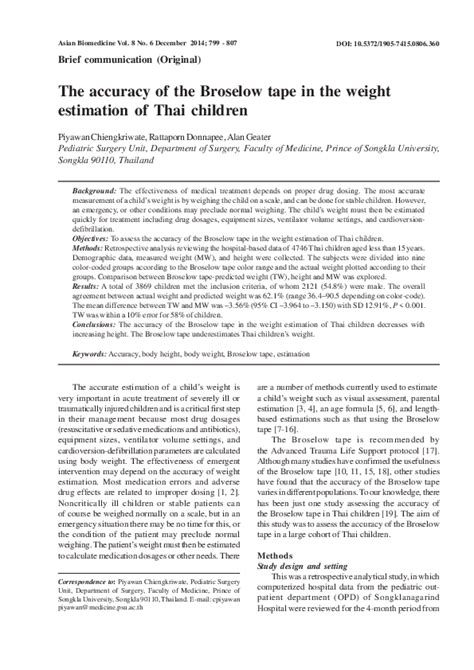 Pdf Brief Communication Original The Accuracy Of The Broselow Tape In The Weight Estimation