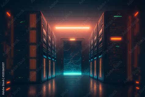 Futuristic Dark Hacker Servers Data Center Room With Computers And Storage Systems Glowing