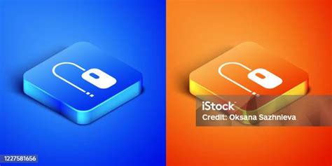 아이소메트릭 컴퓨터 마우스 아이콘이 파란색과 주황색 배경에서 분리되어 있습니다 휠 기호가 있는 광학 정사각형 버튼 벡터 일러스트레이션 3차원 형태에 대한 스톡 벡터 아트 및