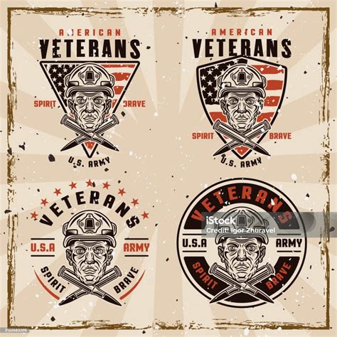 미국 재향 군인 세트 벡터 엠블럼 군인 머리와 빈티지 스타일의 두 개의 교차 총알 별도의 레이어에 제거 가능한 그런지 텍스처가 있는 배경의 그림 감사에 대한 스톡 벡터 아트