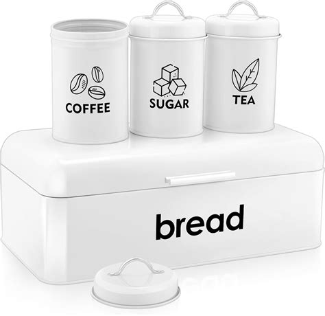 White Bread Box For Kitchen Counter Large Metal Bread Storage Container With 3 Matching Coffee