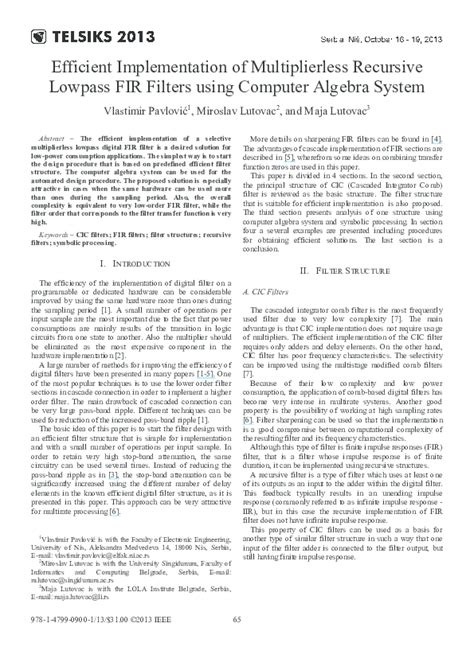 Pdf Efficient Implementation Of Multiplierless Recursive Lowpass Fir