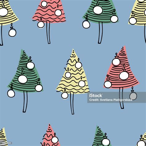 선물 포장을위한 파란색 배경에 손으로 그린 크리스마스 트리와 크리스마스 테마에 원활한 패턴 크리스마스에 대한 스톡 벡터 아트 및 기타 이미지 크리스마스 환희 0명
