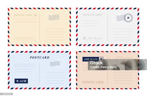 기본 Rgbvintage 복고풍 엽서 템플릿 세트입니다 우표 우표 카드가있는 항공 우편 봉투 벡터 그래픽 디자인 공란에 대한 스톡 벡터 아트 및 기타 이미지 Istock
