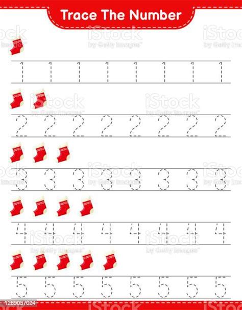 숫자를 추적합니다 크리스마스 스타킹번호 추적 교육 어린이 게임 인쇄 워크 시트 벡터 일러스트레이션 0명에 대한 스톡 벡터 아트