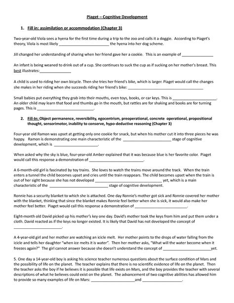 Piaget Worksheet1 Work Sheet Piaget Cognitive Development 1