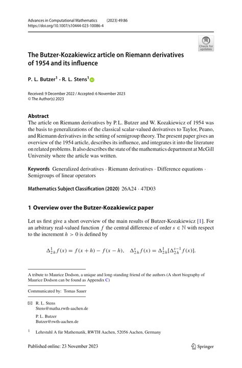 Pdf The Butzer Kozakiewicz Article On Riemann Derivatives Of 1954 And Its Influence