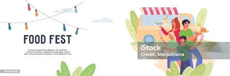 길거리 음식 축제 배너 또는 전단지 디자인 평면 벡터 그림 거리에 대한 스톡 벡터 아트 및 기타 이미지 거리 건강에 좋지 않은 음식 고객 Istock