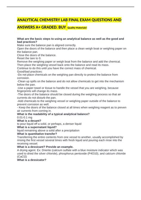 Analytical Chemistry Lab Final Exam Questions And Answers A Graded