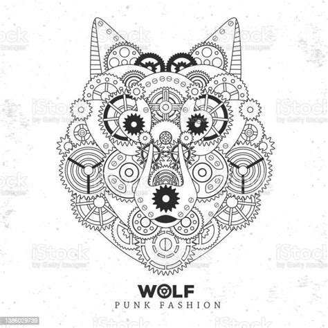 기어가 있는 늑대 얼굴 실루엣 펑크 스타일 벡터 일러스트레이션 공장 산업 건물에 대한 스톡 벡터 아트 및 기타 이미지 공장