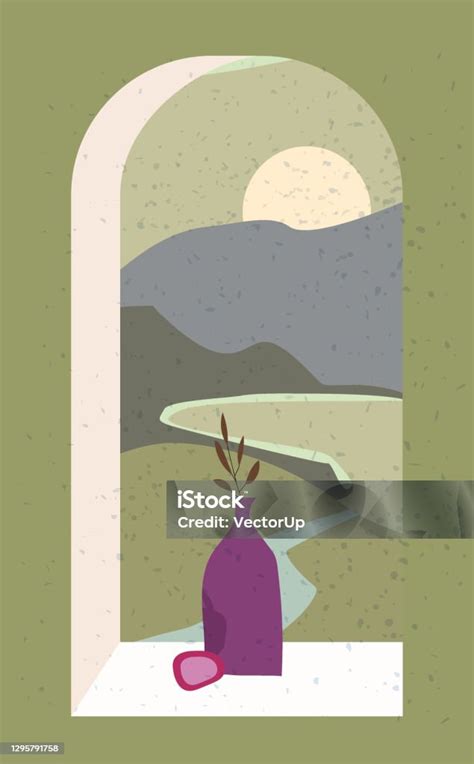 풍경 이없는 창문이 열리고 고요함 화병 프리넛을 제공합니다 산 바다와 바다 미니멀 한 모던 보헤미안 트렌디 한 스타일 벡터 일러스트 플랫 리단 건축에 대한 스톡 벡터 아트