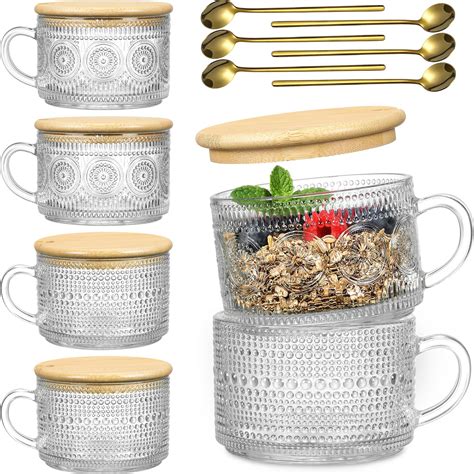 6 Pack 14oz Vintage Glass Coffee Mugs With Bamboo Lids And