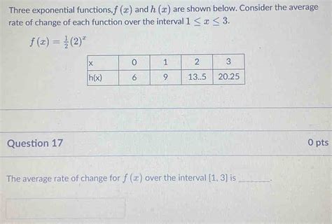 Solved: Three exponential functions, f(x) and h(x) are shown below. Consider the average rate of ...
