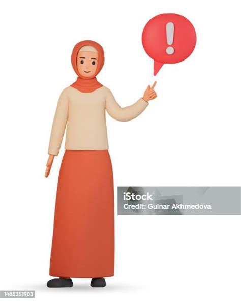 히잡을 쓴 3d 무슬림 여성 캐릭터가 말풍선에서 느낌표를 가리키고 있다 말풍선에 느낌표를 보여주는 무슬림 여성의 경고 개념 가리키기에 대한 스톡 사진 및 기타 이미지