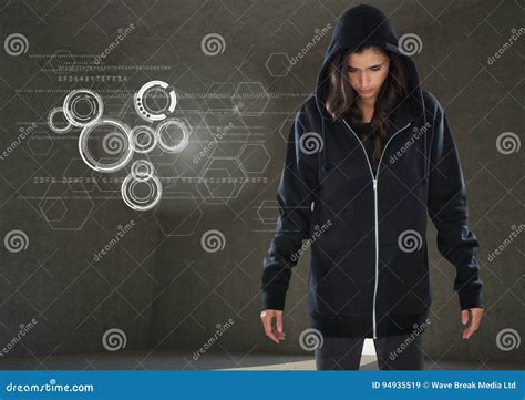 Woman Hacker Standing On In Front Of Grey Background With Digital Graphics Stock Illustration